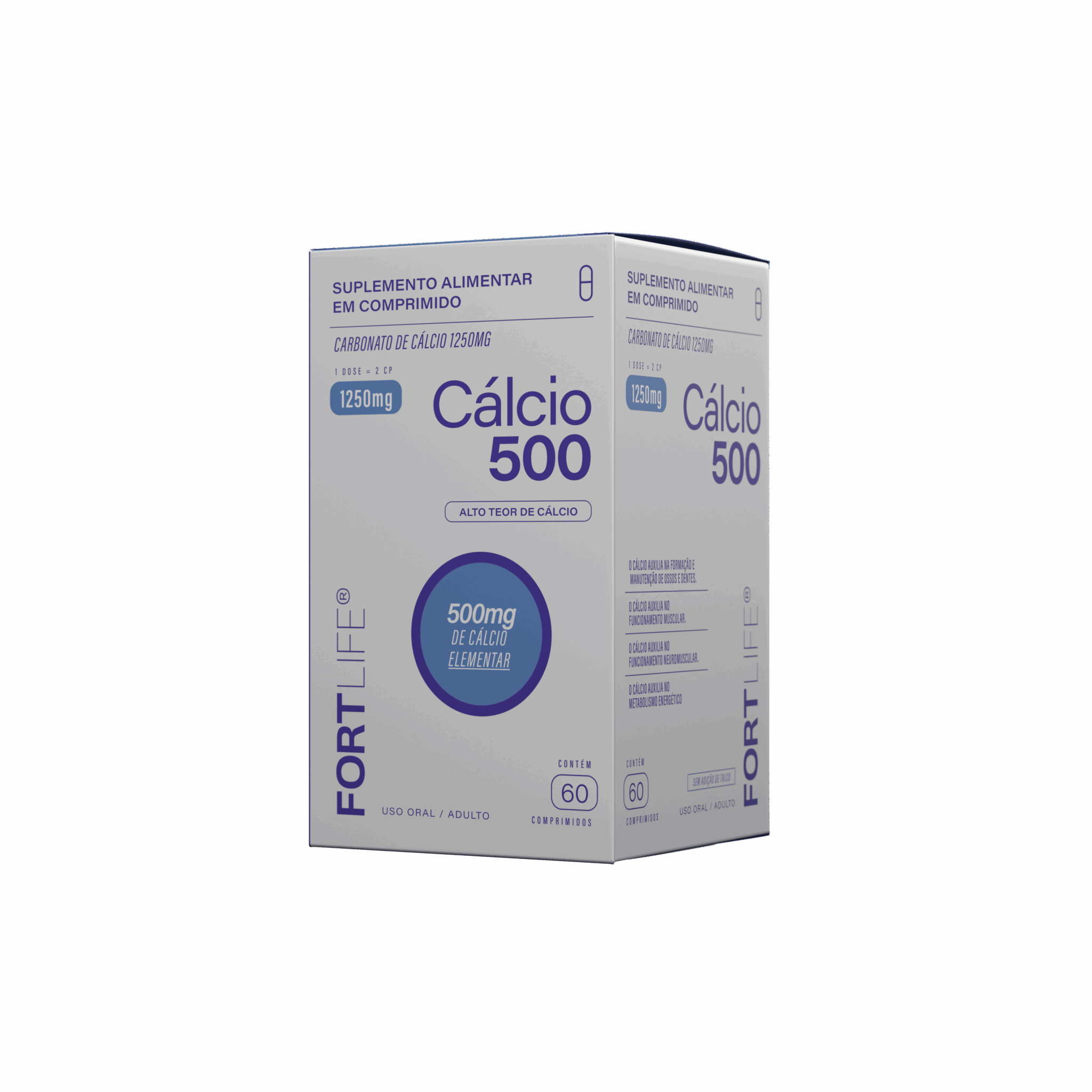 Cálcio 500 - Carbonato de Cálcio 1250mg 60 Comprimidos - FORTLIFE Pharma